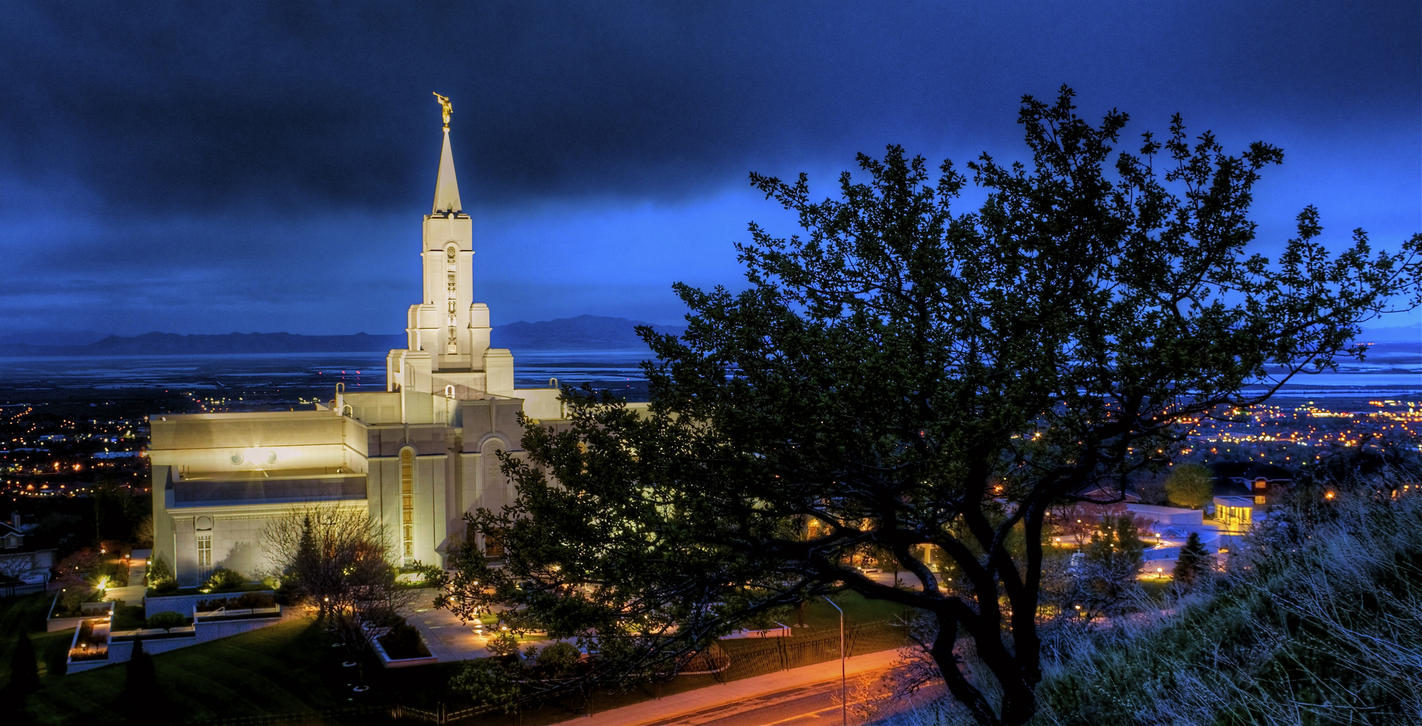 The Bountiful Utah Temple and Grounds at Night