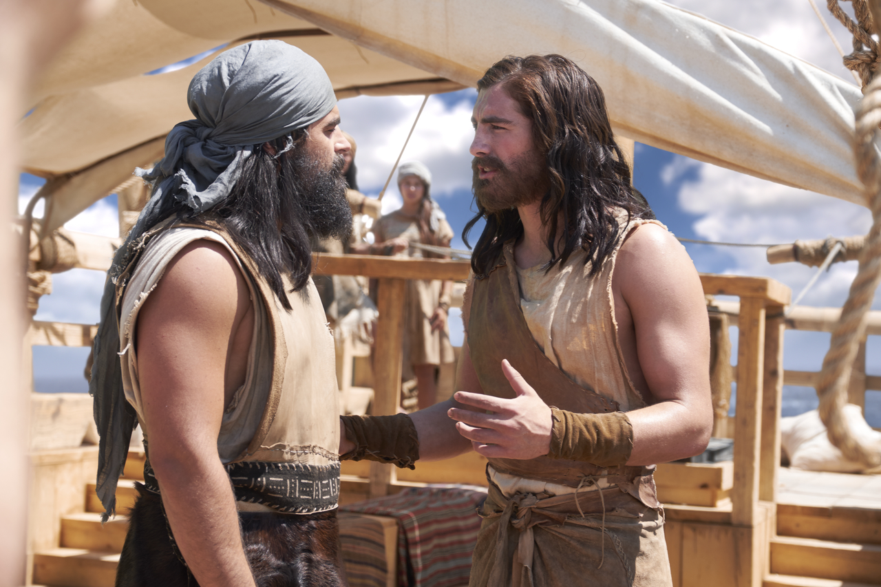 Nephi is tied to the mast of the ship